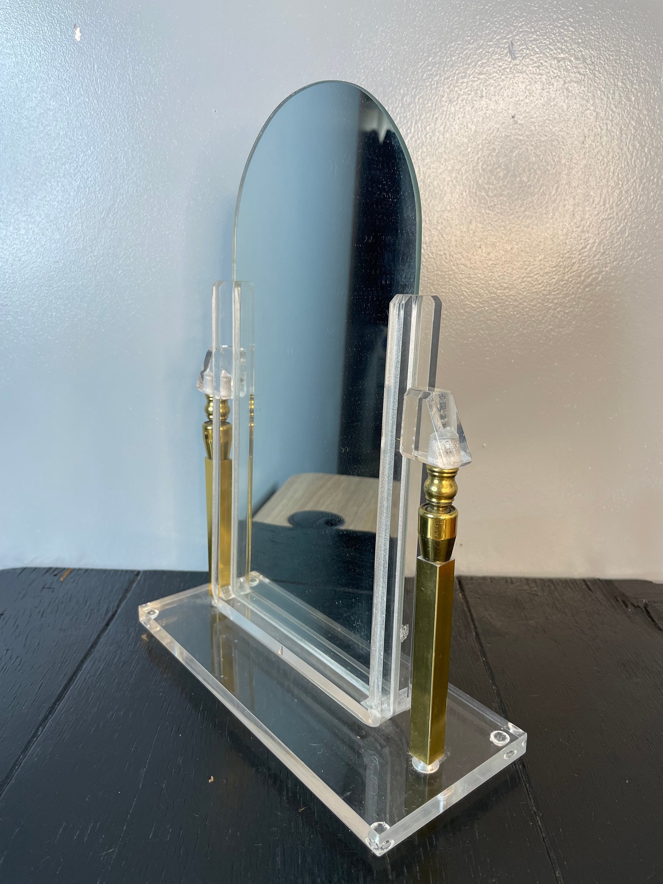 Vintage Clear Lucite Gold Standing Store Fixture Antique Vanity Mirror ...