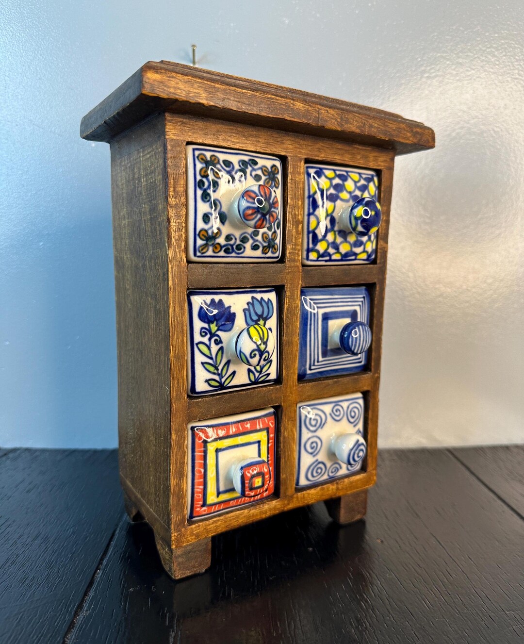 Vintage Ceramic Wood Drawers Ornate Trinket Jewelry Box Wooden Floral ...
