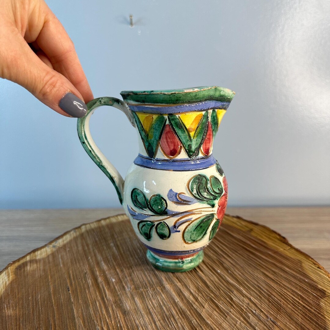 Vintage Italy Italian Jug Pitcher Handle Carved Folk Glaze Clay Vase ...