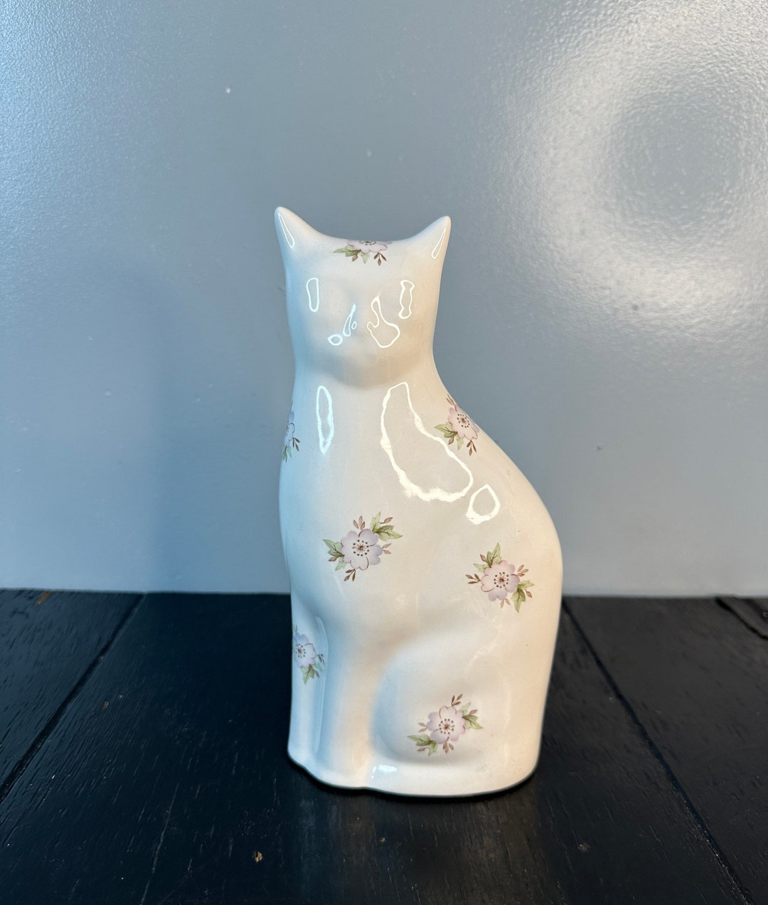 Vintage White Calico Cat Kitten Bookend Floral Purple Flowers Cat Lady ...