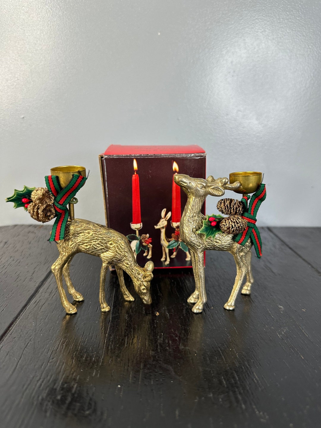Vintage Solid Brass Deer Fawn Doe Buck Sculpture Figurine Ribbon Candle ...