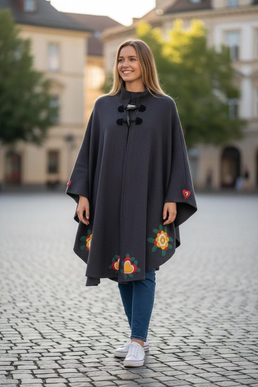 RARE Vintage Black Fleece Toggle One Size Cape Toggle Floral Heart ...