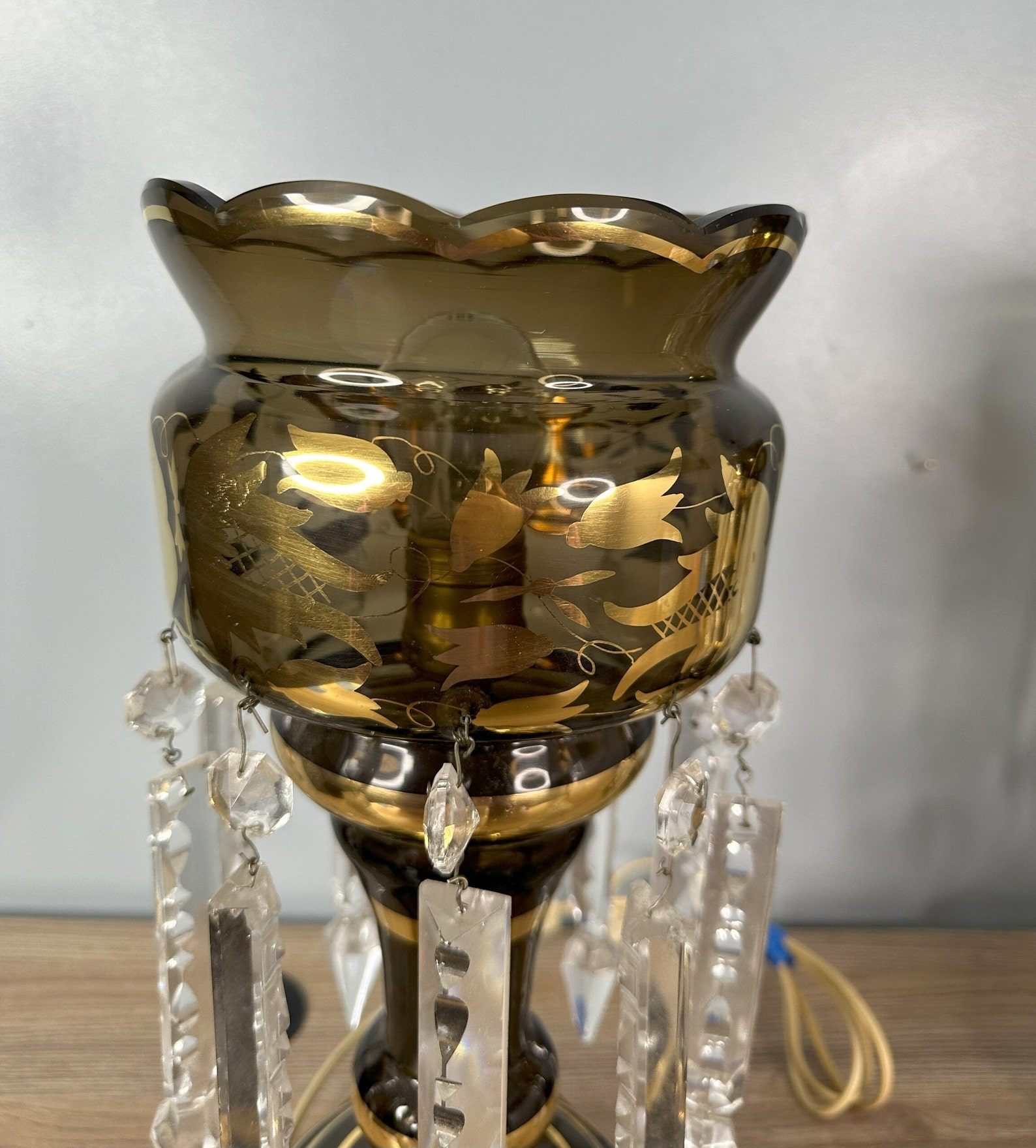 Antique Bohemia Smokey Glass Victorian Gilt Gold Mantel Lusters Lamp ...