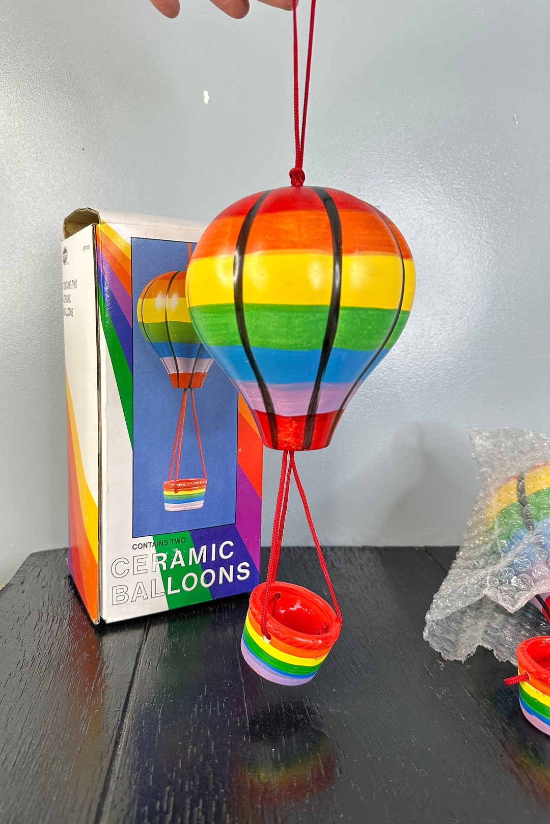 Vintage Ceramic Hot Air Balloon Balloons Set Pair Two Rainbow Striped ...