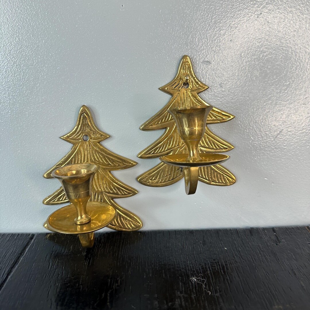 Vintage Brass Pine Tree Christmas Hollywood Regency Candle Holder Wall ...