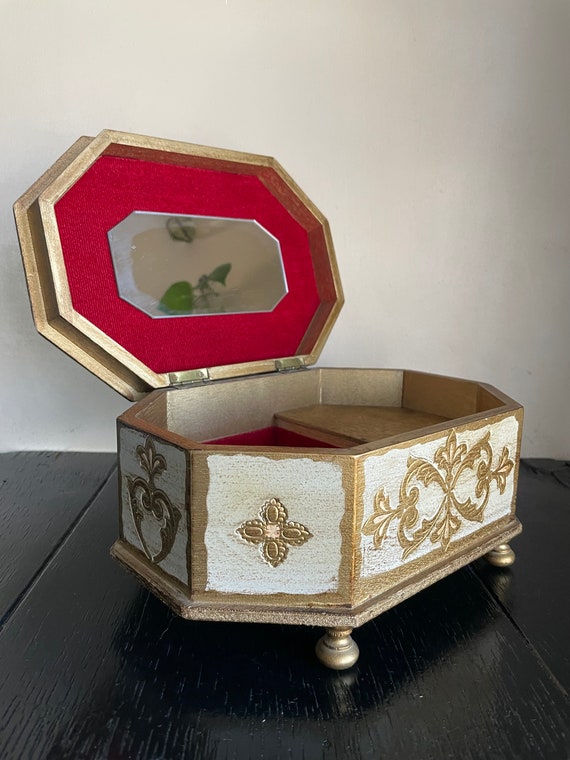 Antique Balsa Wood Gold Gilt Italian Italy Jewelry Music Box Trinket Mirror Florentine White Beige Vintage Metallic Display Hand Painted Etsy UK