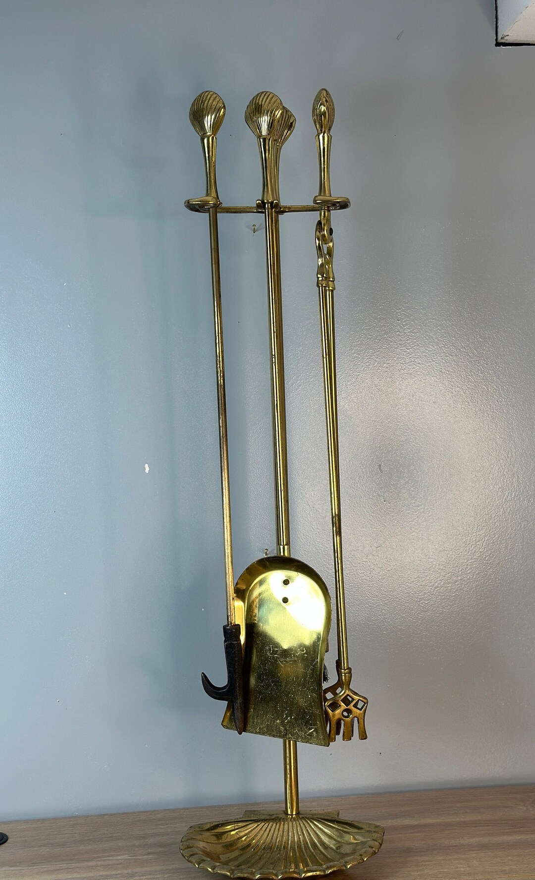 Vintage Shell Seashell Clam Solid Brass Fireplace Tools Set Firepit Mid ...