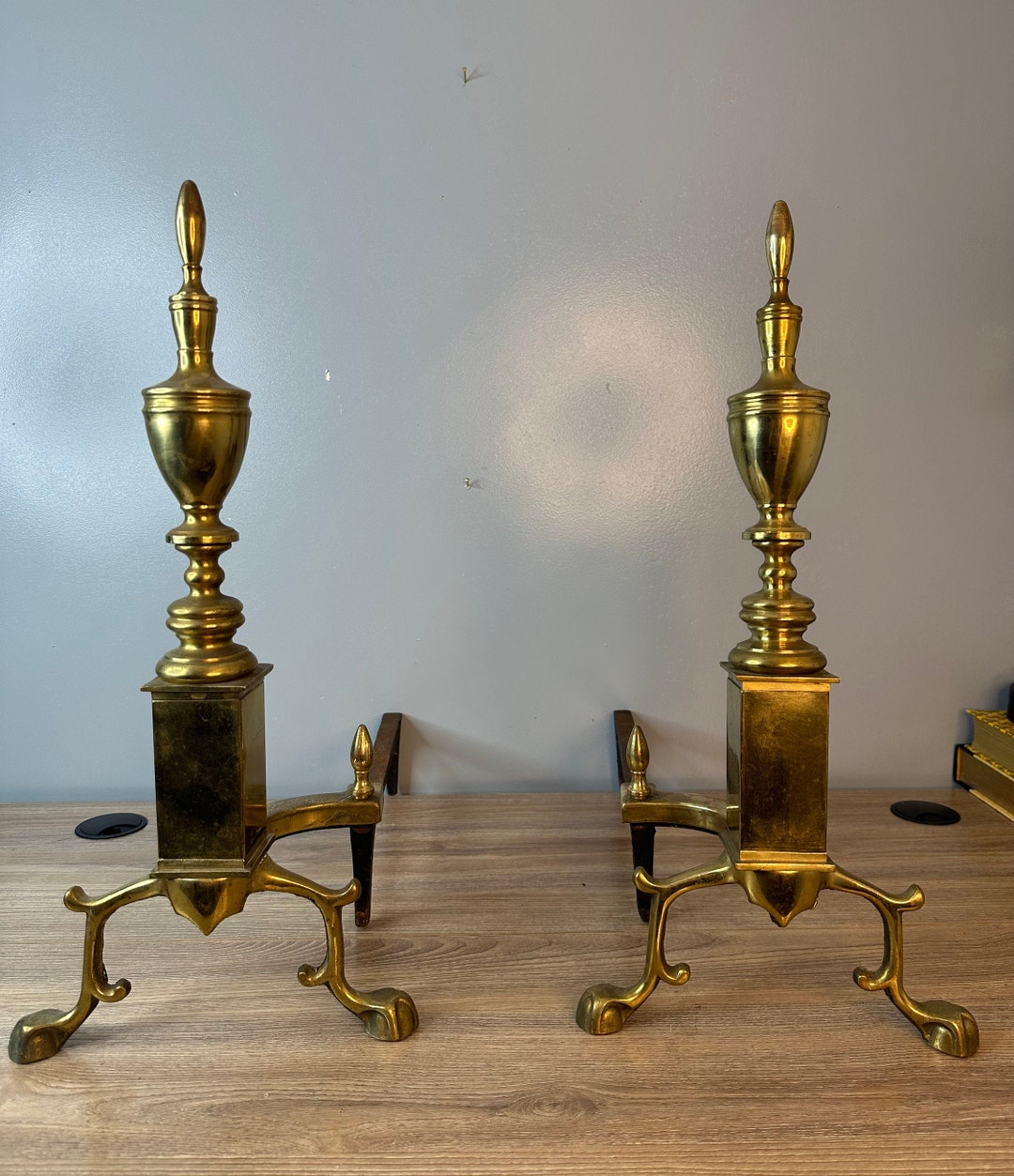 Vintage Pair Set Andirons Brass Cast Clawfoot Iron Federal Style ...