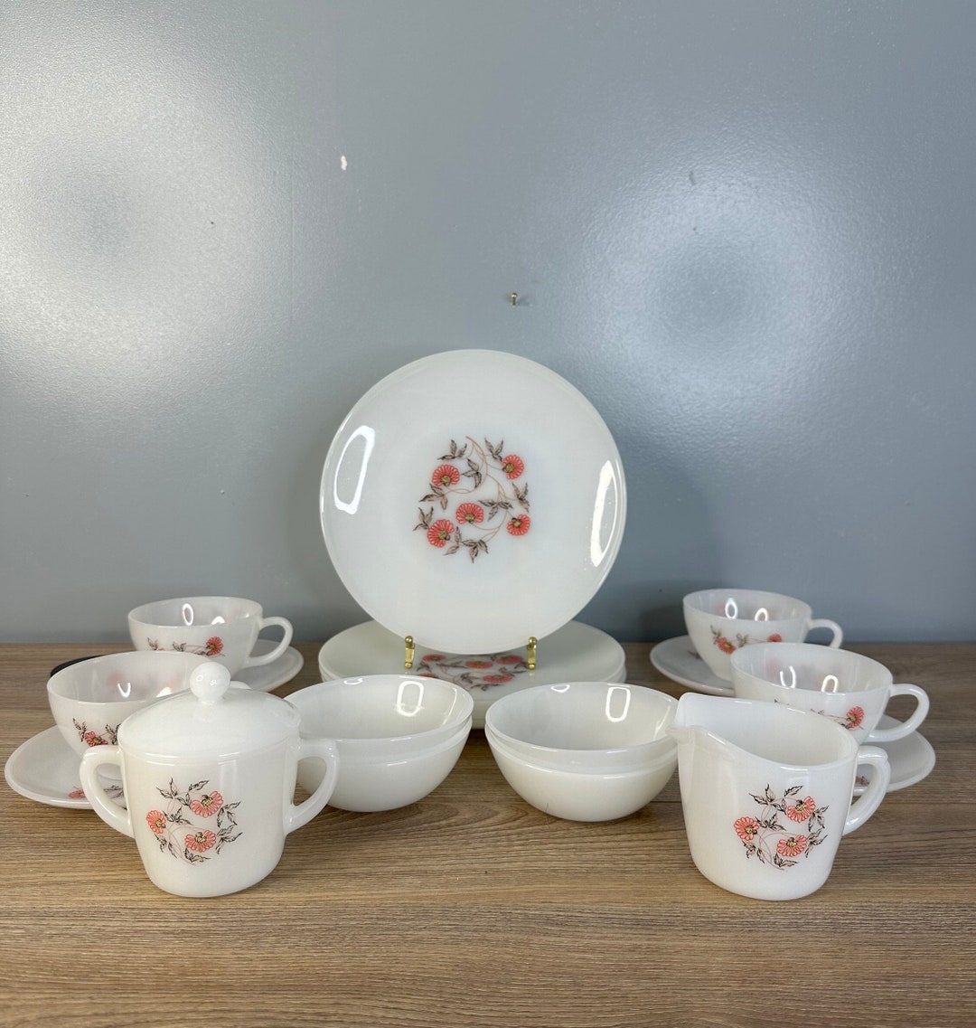 RARE 18pcs Vintage Fire King Pink Fleurette Dinnerware Set MCM Mid ...