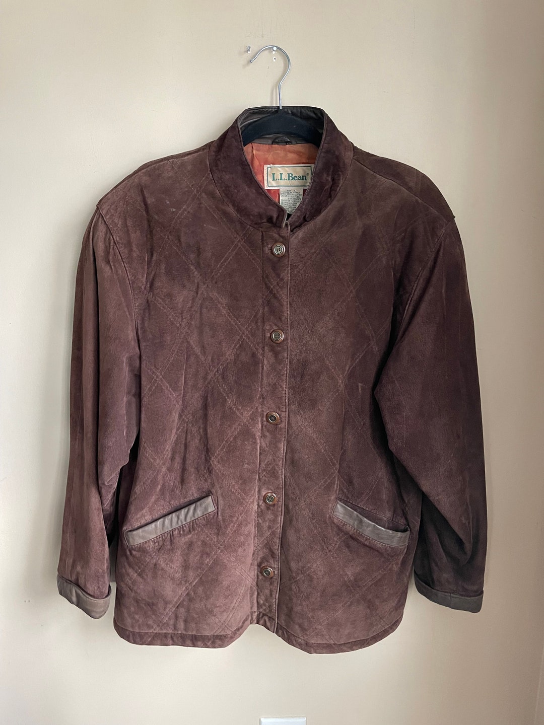 Vintage LL Bean Womens Quilted Chocolate Brown Suede Retro Coat Utility Large Leather Tortoise ...