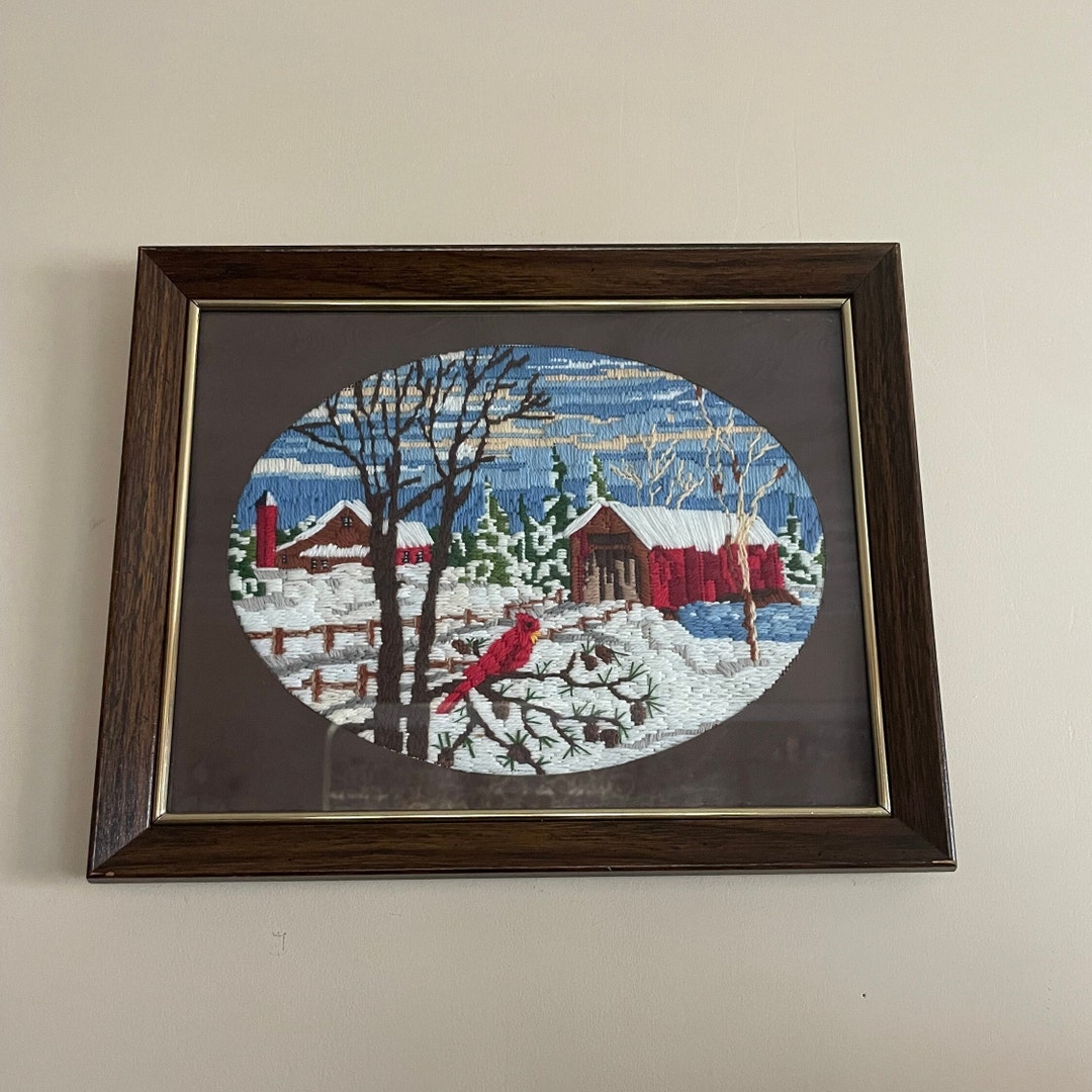 Vintage Farm House Cardinal Bird Needle Point Flower Tapestry Handmade ...