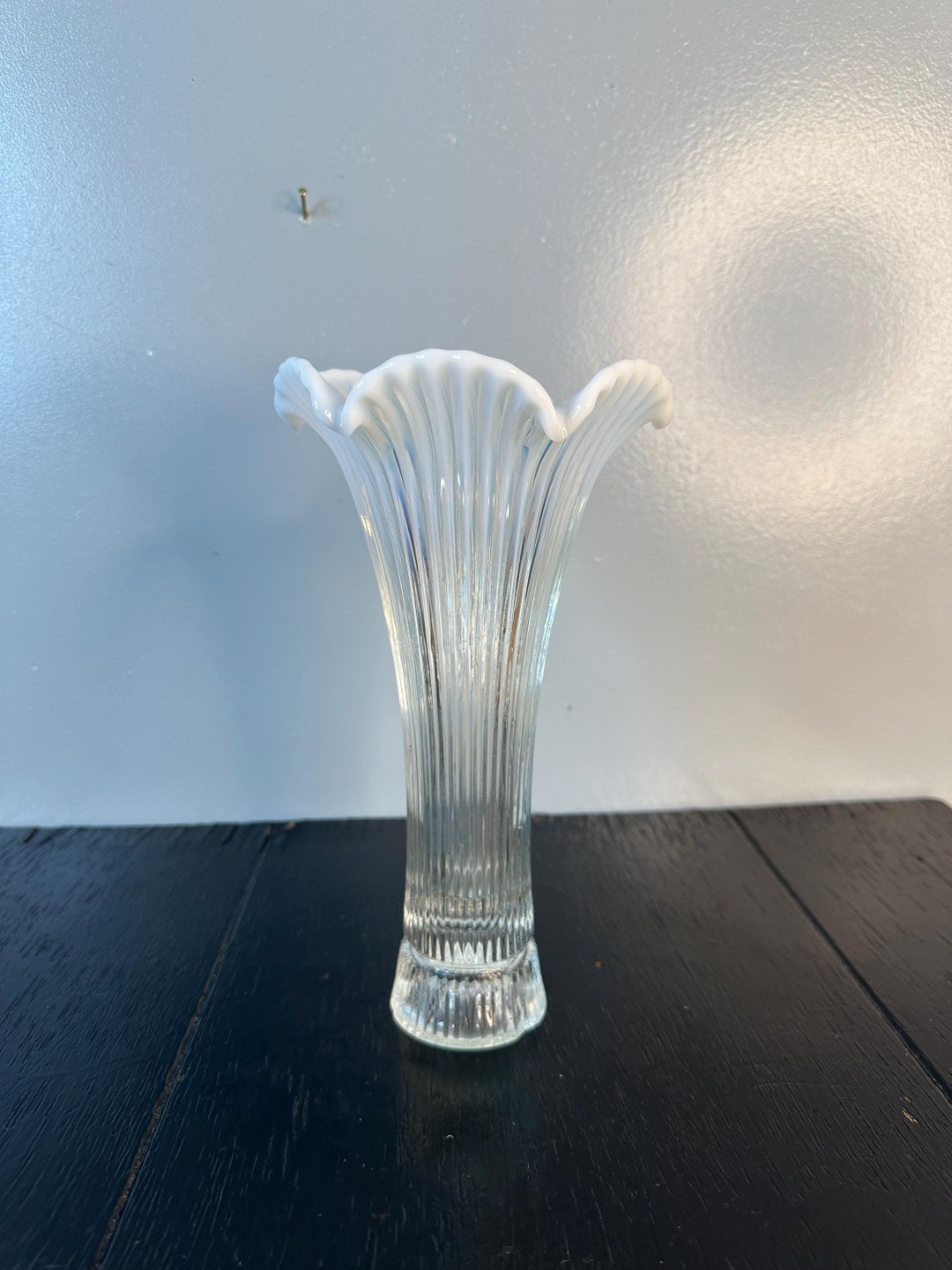 Vintage 9" Fenton French Opalescent Glass Ribbed Ruffled Edge Striped ...