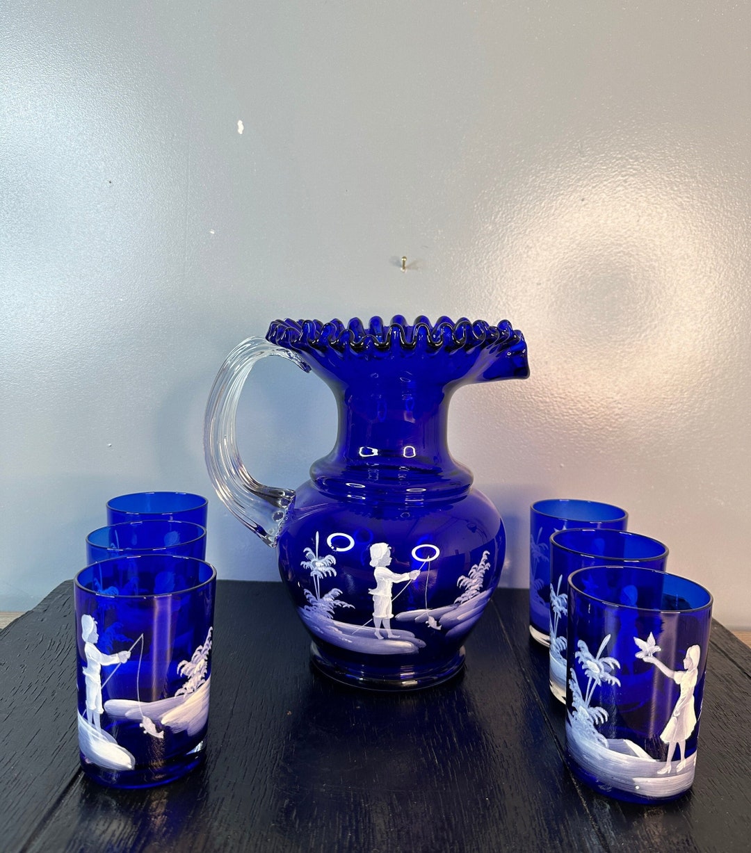 Vintage Large Cobalt Blue Fenton Glass Decanter Pitcher Six 6 Cup ...