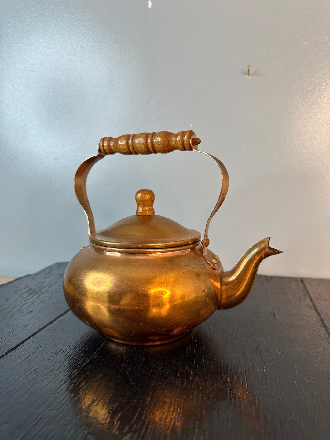 Vintage Copper Wood Handle Metal Teapot Tea Pot Kettle Antique ...