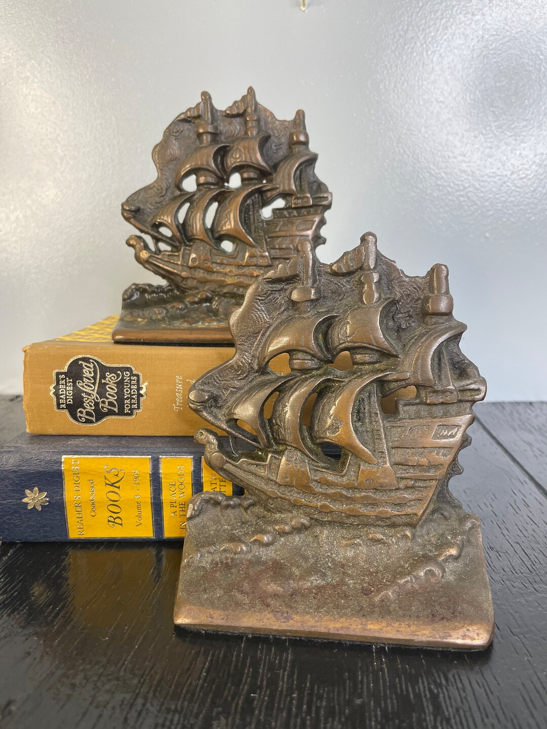 Antique Boat Ship Bronze Cast Iron Bookend Set Pair Brass Mid Century ...