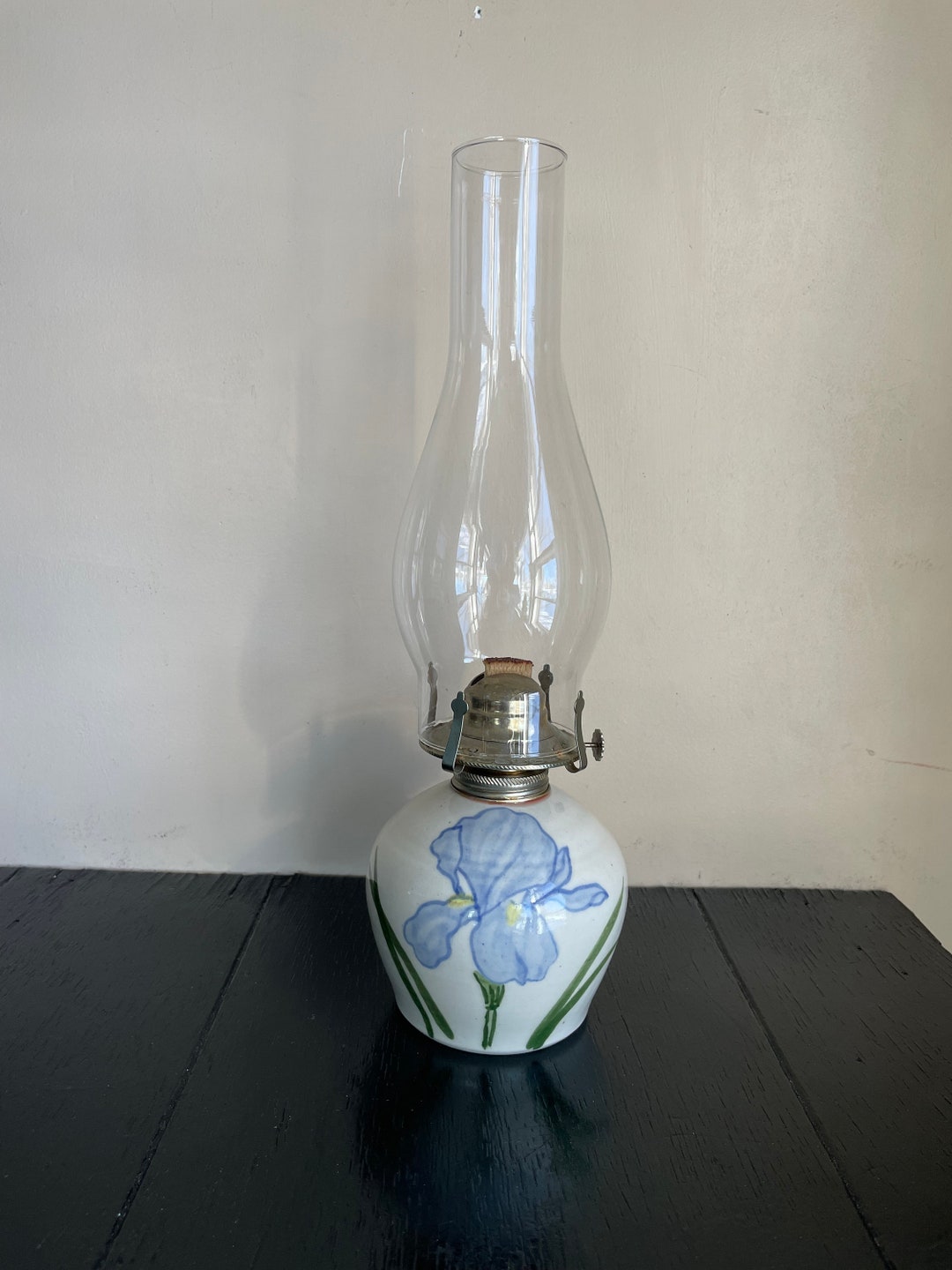 Vintage Pottery Botanical Oil Lamp Light Kerosine Glass Gold Metal ...