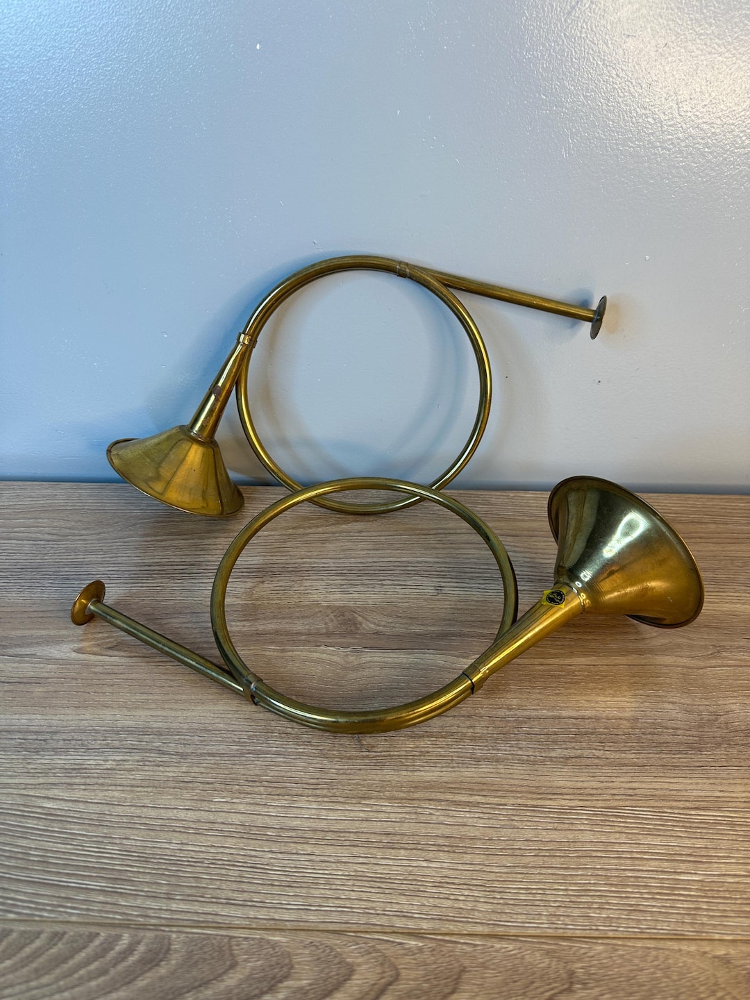 Vintage Solid Brass Horn Trumpets French Set Pair Christmas Display ...