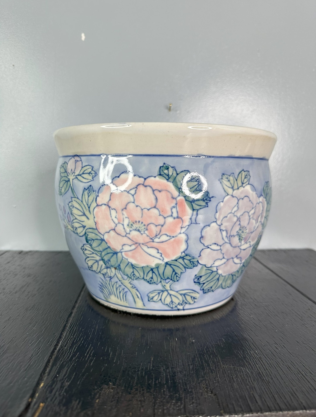 Vintage LARGE Pastels Floral Planter Pot Ceramic Chinese Chinoiserie ...
