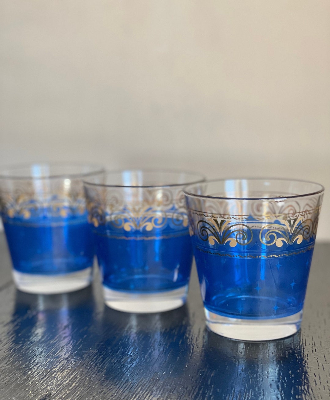 Vintage CERVE Set Three Italian Gold Italy Blue Drinking Glasses Mid ...