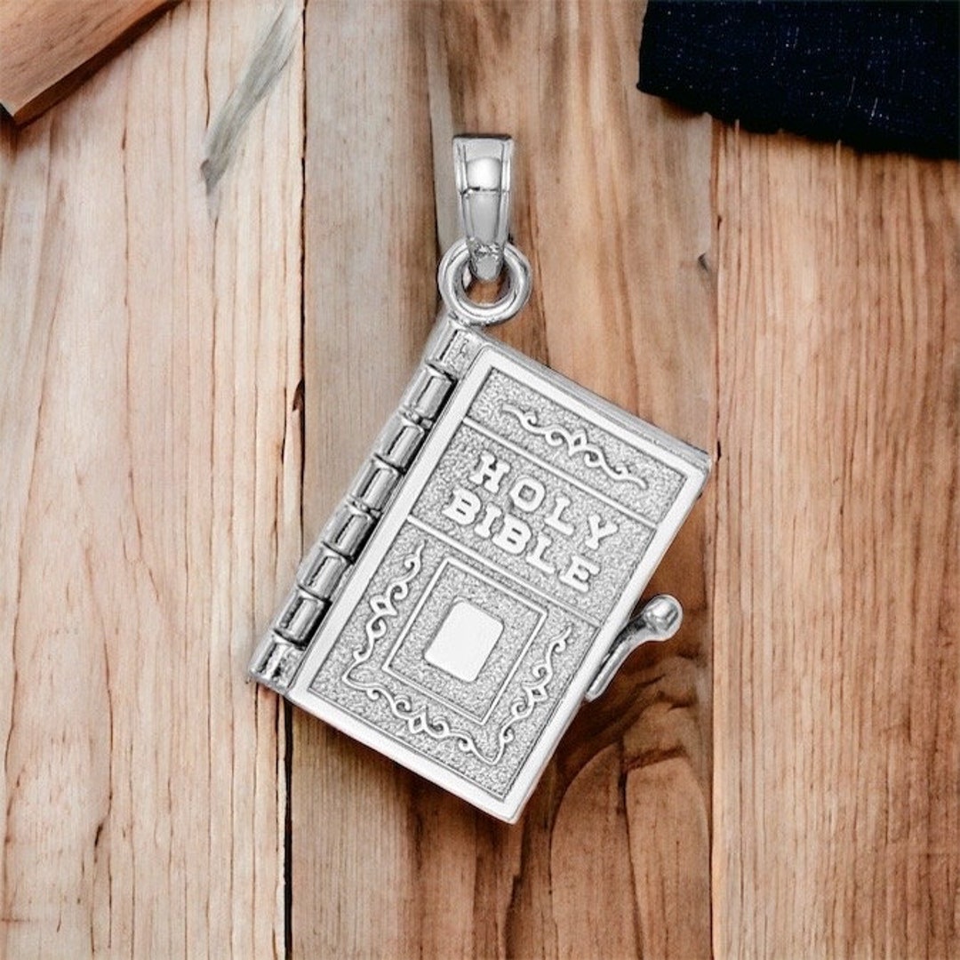 Bible Charm, 14k White Gold Religious Pendant, 3-D Holy Bible Book With ...