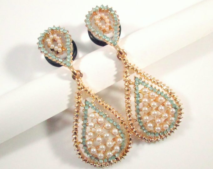 Dangle Plugs Plug Earrings Gold Teardrops With Pearls and - Etsy