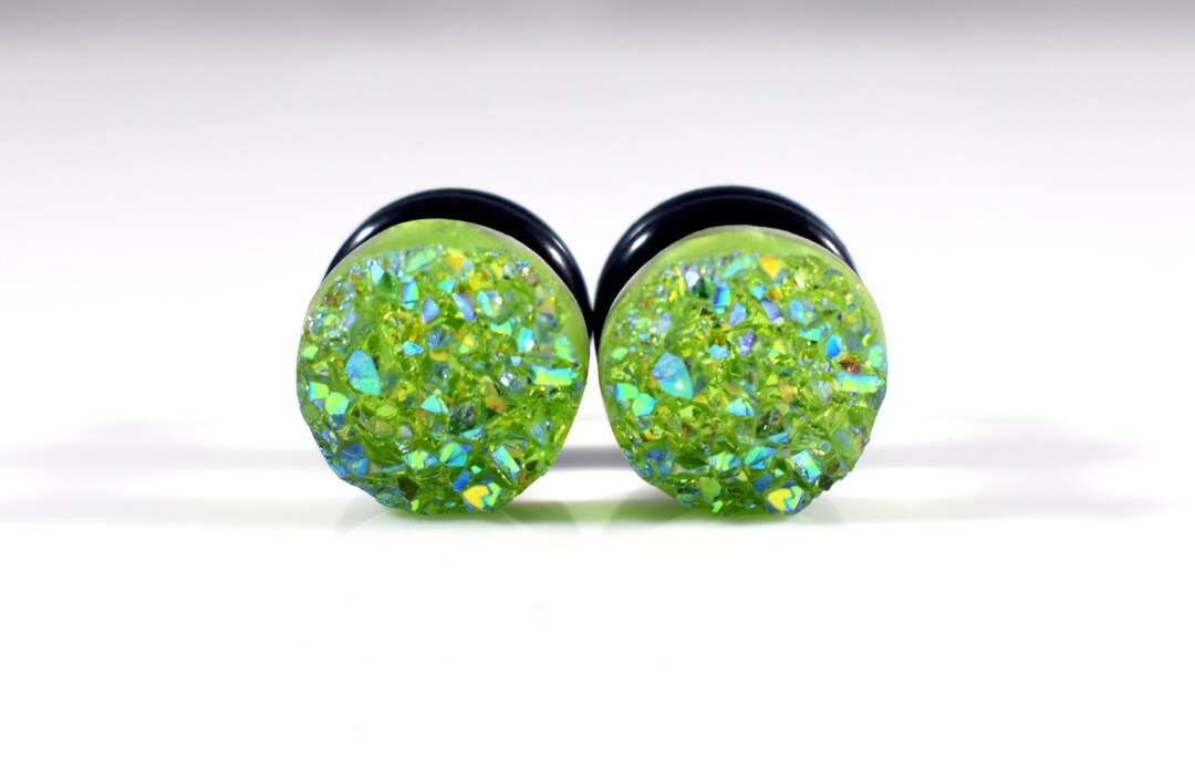 Plug Earrings - Light Spring Green AB Finish Faux Druzy Sparkle 4g, 2g ...