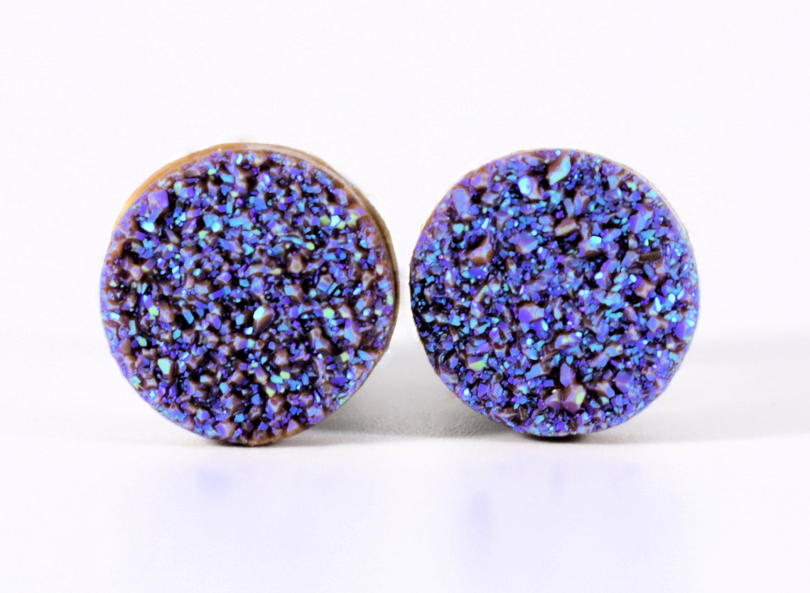 Plug Earrings Purple Brown Titanium Sparkle Faux Druzy Plugs | Etsy