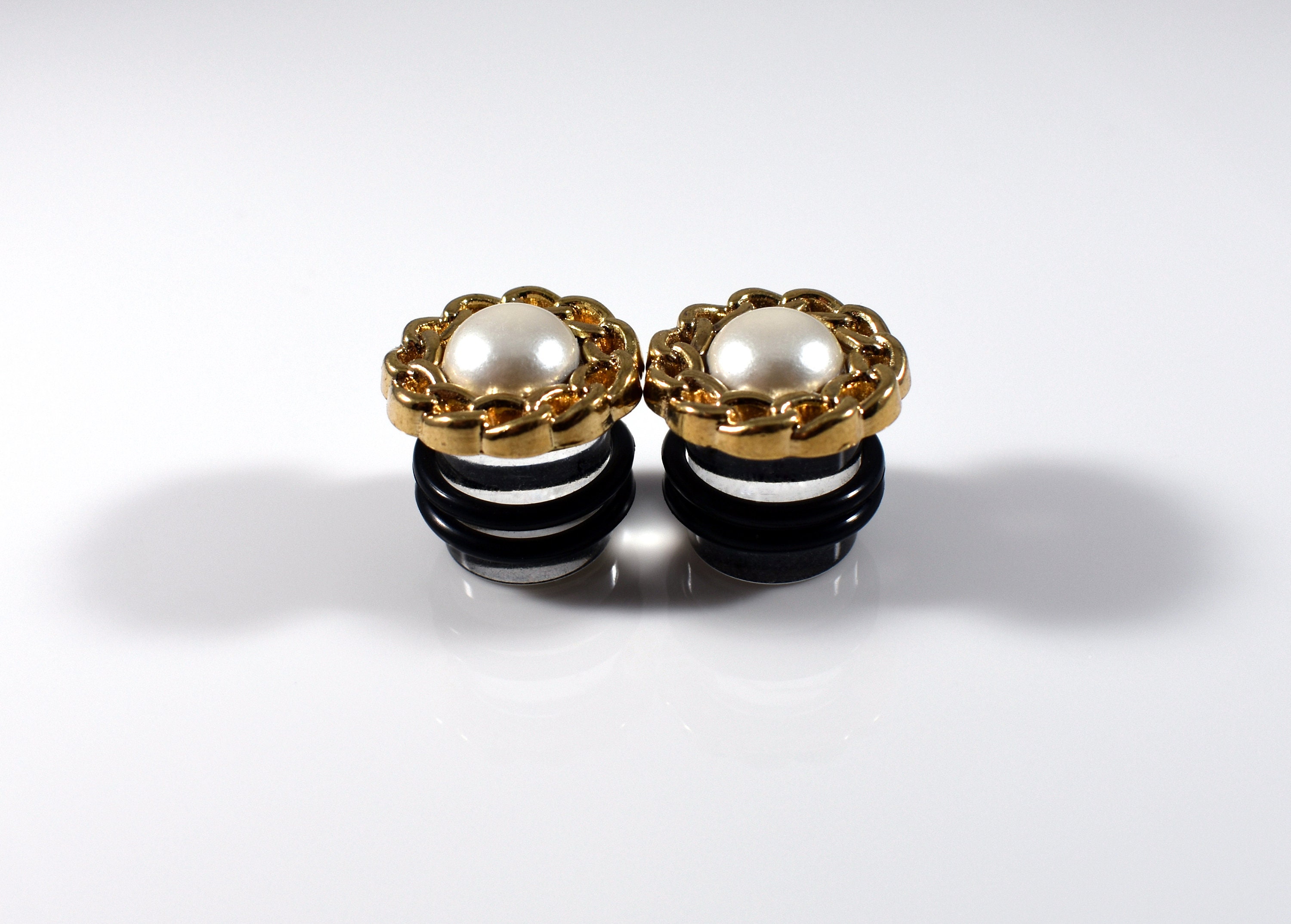 Plug Earrings Gold Chain Fancy Plugs with Pearl Centers | Etsy