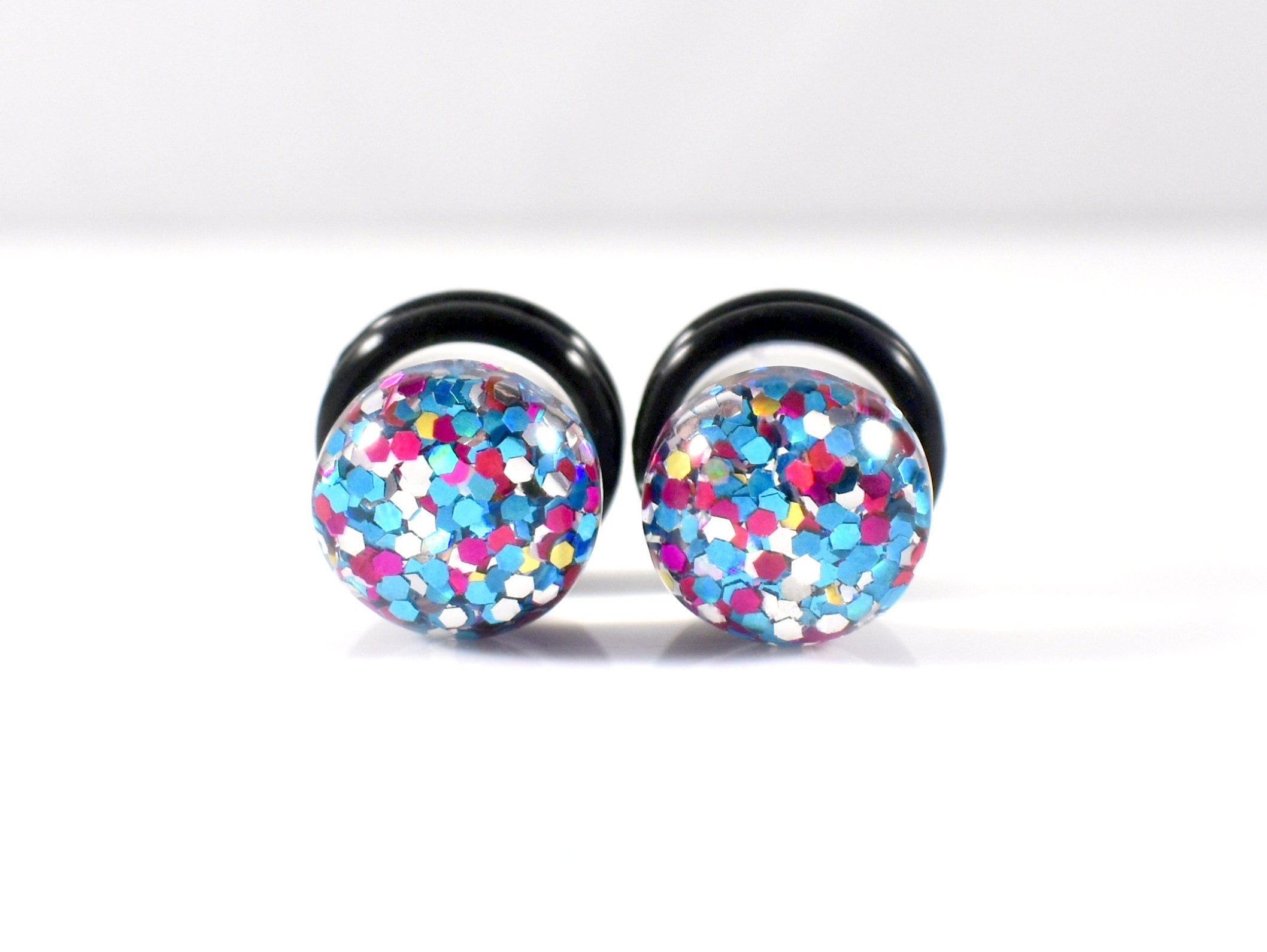 Plug Earrings Pink Silver and Blue Round Glitter Sparkle | Etsy
