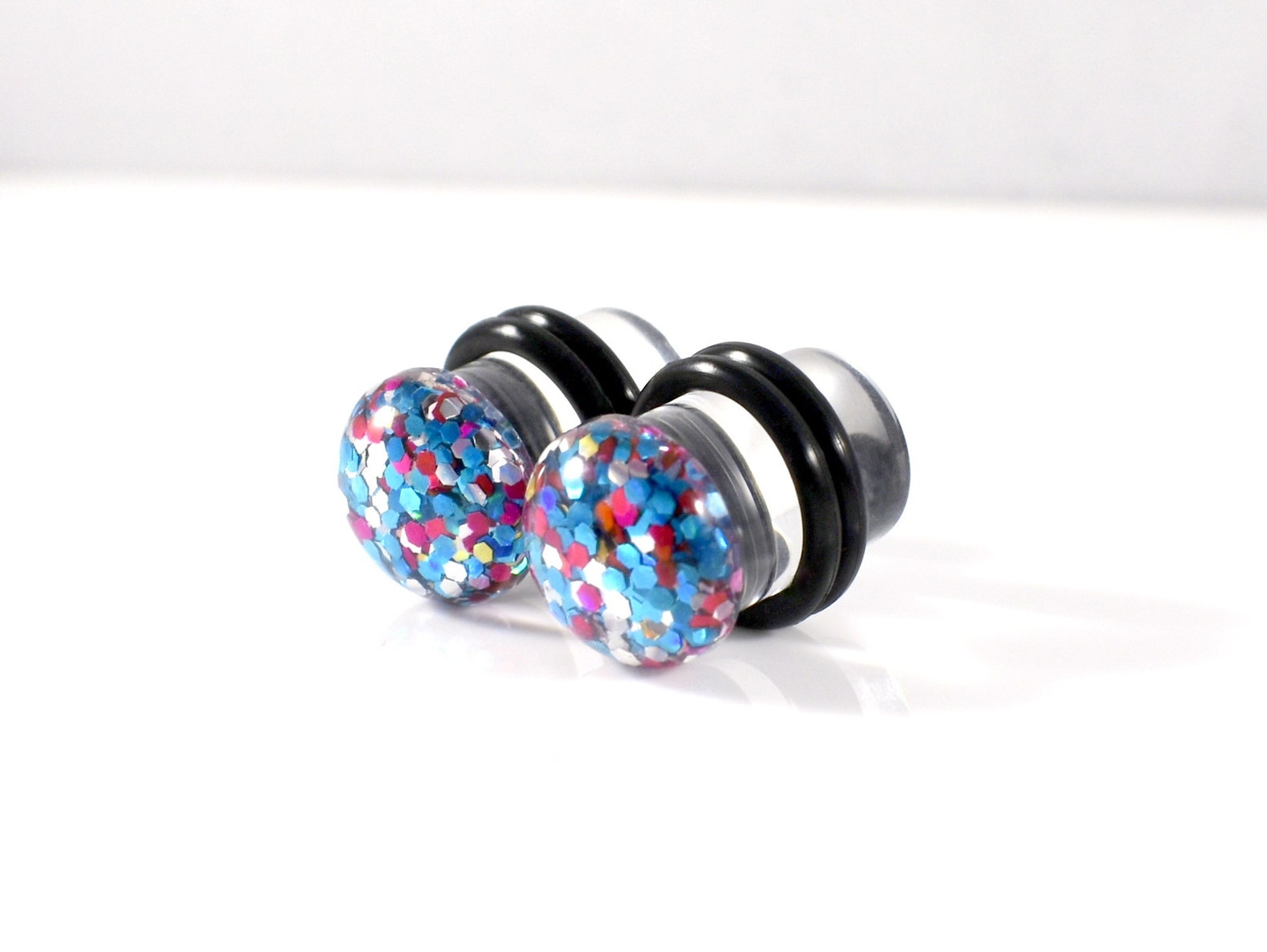 Plug Earrings Pink Silver and Blue Round Glitter Sparkle - Etsy