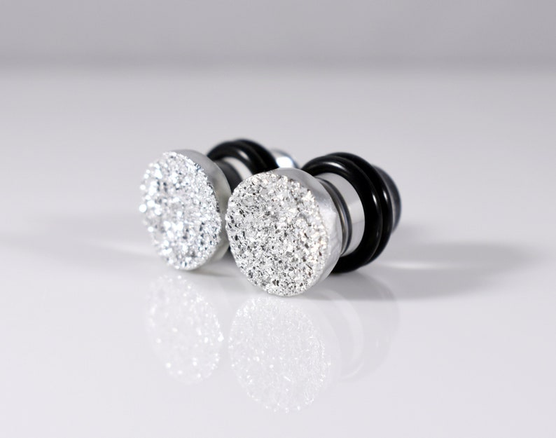 Plug Earrings - Silver Titanium Faux Druzy Sparkle 4g, 2g, 0g, and 00g ...