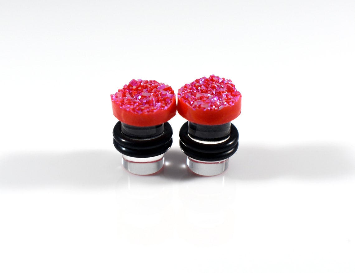 Plug Earrings Light Red Sparkle Faux Druzy Plugs 2g 0g | Etsy