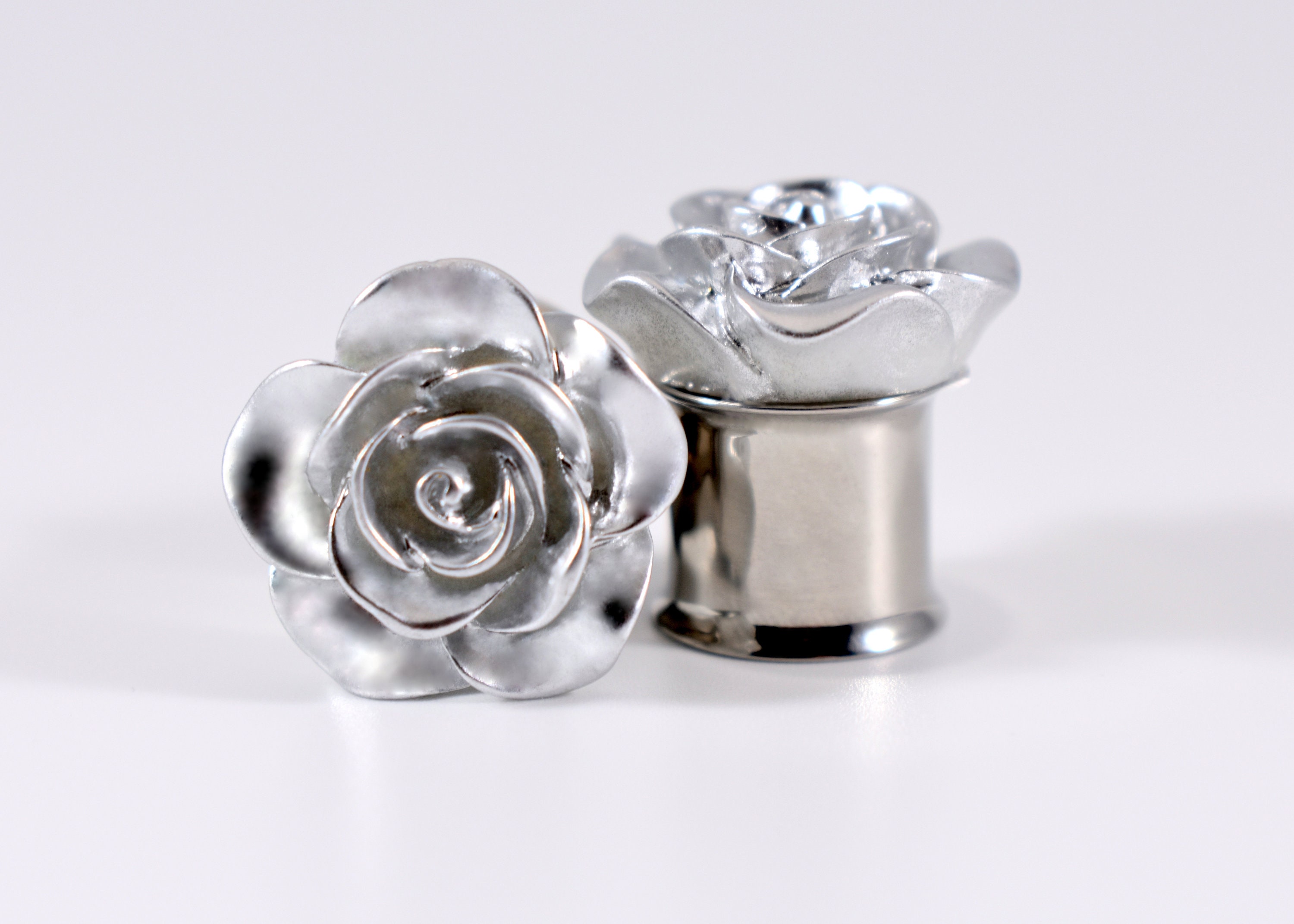 Plug Earrings - Silver Metallic Rose Flower 00g, 7/16 in and 1/2 In. - Etsy