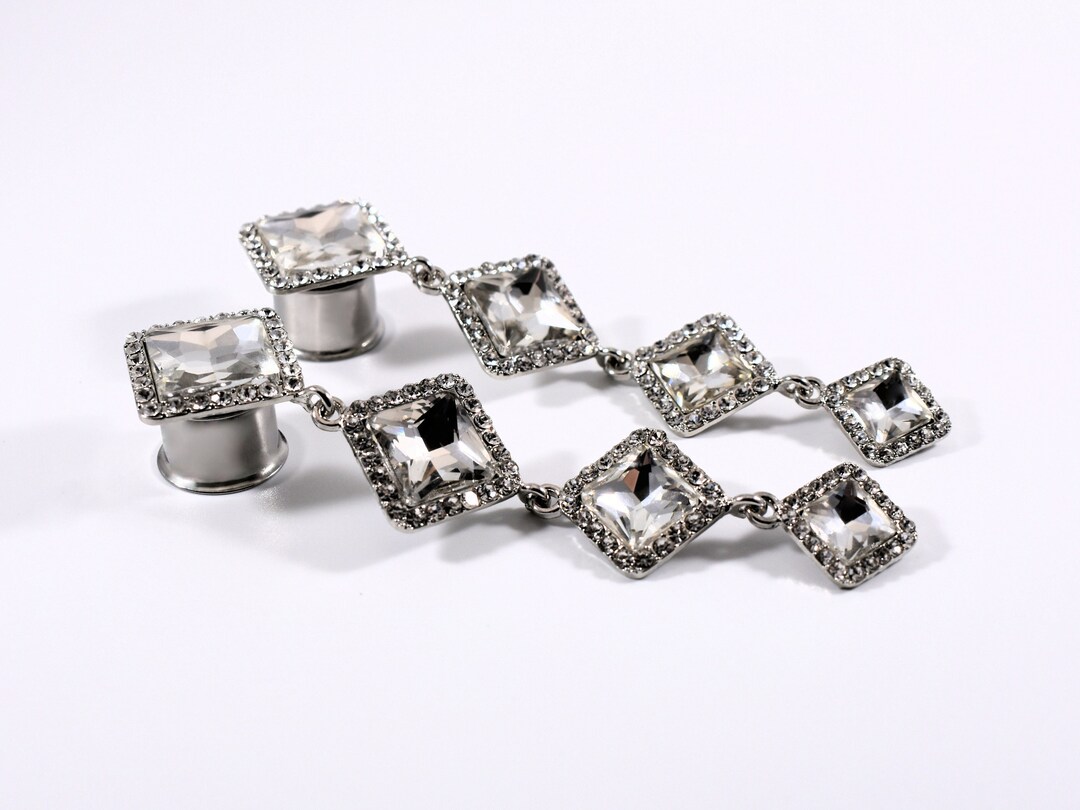 Dangle Plugs - Silver and Rhinestone Diamond Square Dangle Plugs - 0g ...