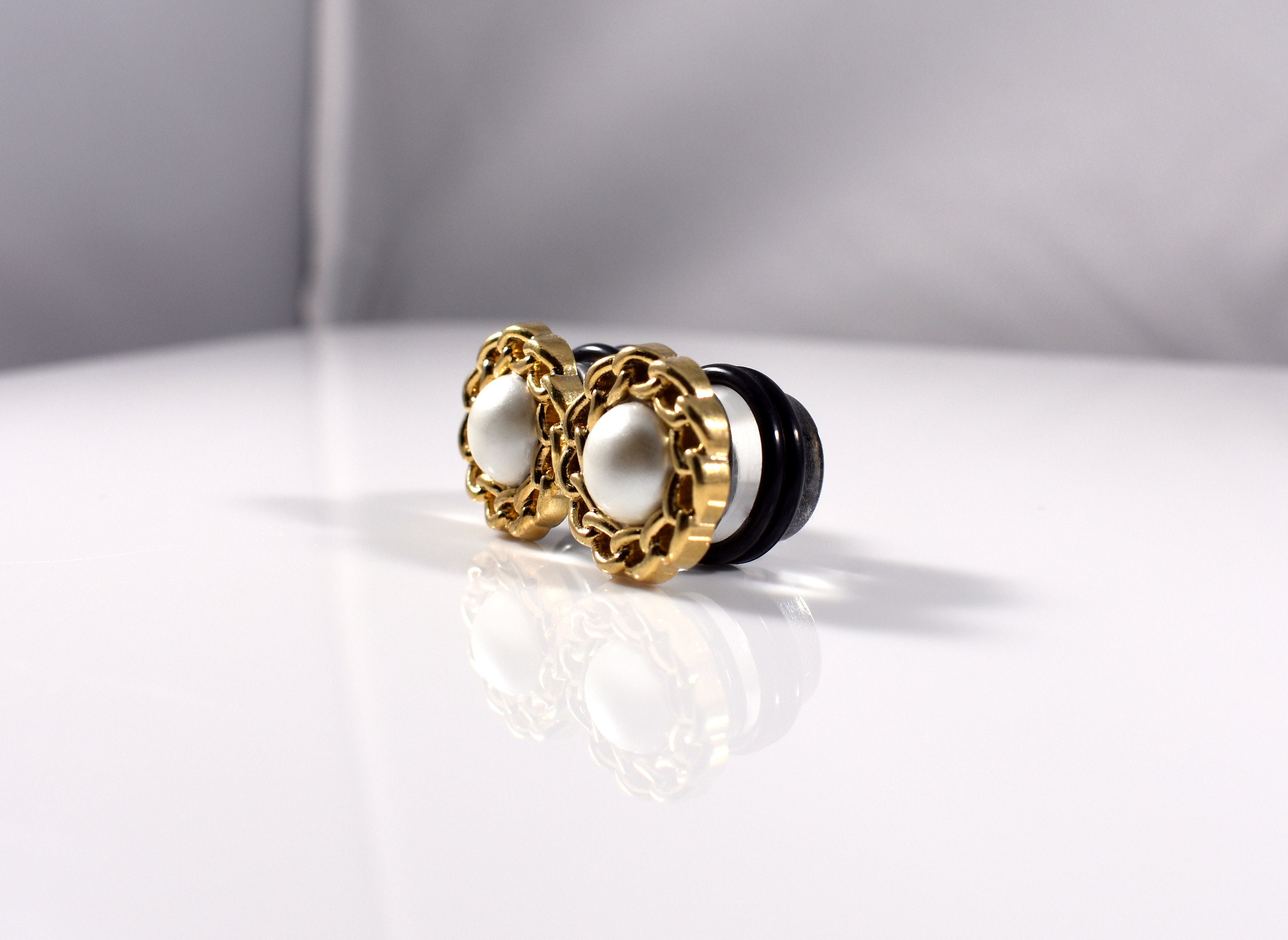 Plug Earrings Gold Chain Fancy Plugs with Pearl Centers | Etsy