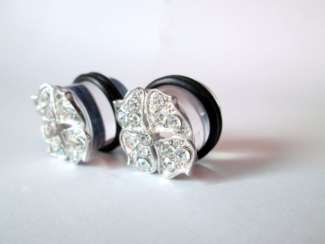 Clearance - Plugs - Bridal Silver Flower Sparkle Rhinestone 00g, 7/16 ...
