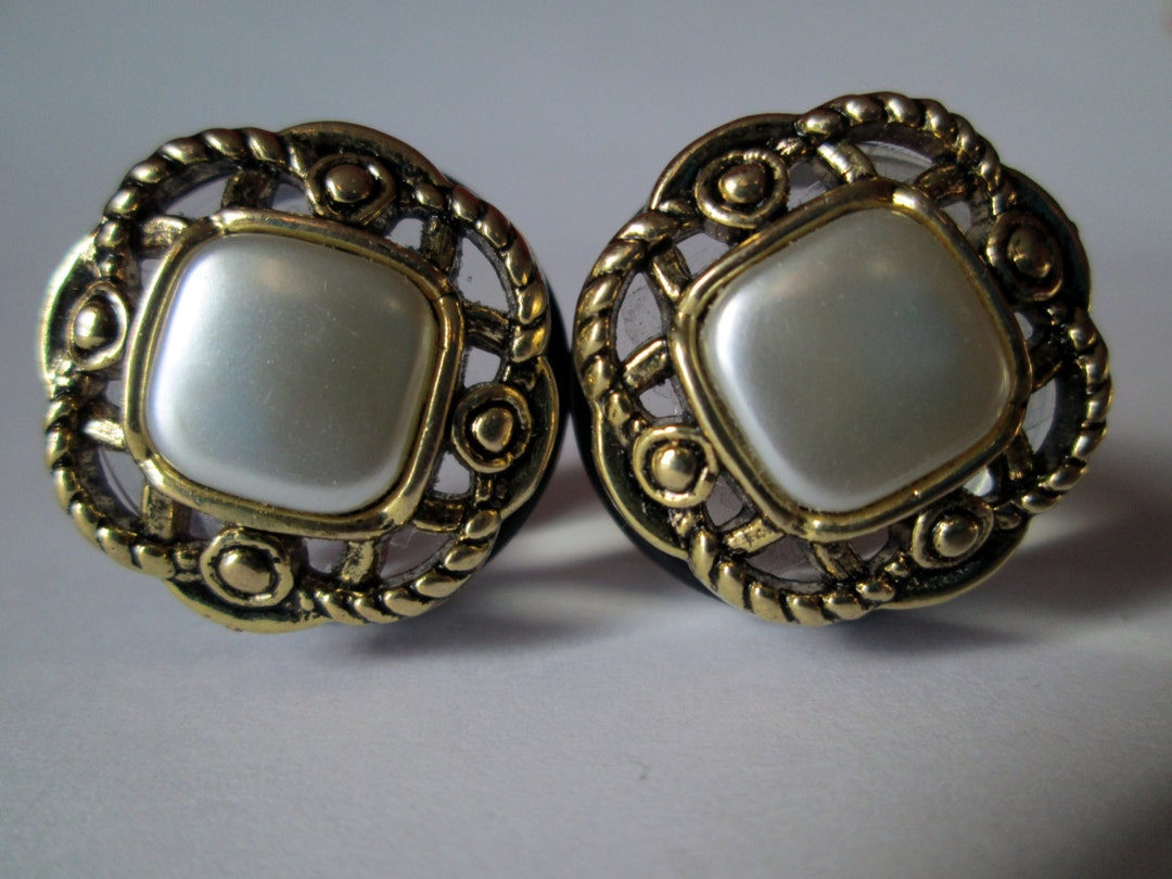 Plug Earrings - Gold Square Rimmed Ivory Pearl 5/8 in and 3/4 In - Etsy