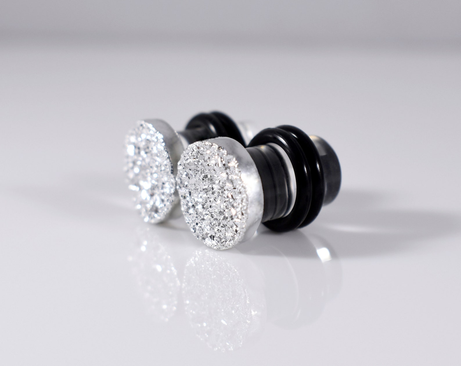 Plug Earrings - Silver Titanium Faux Druzy Sparkle 4g, 2g, 0g, and 00g ...
