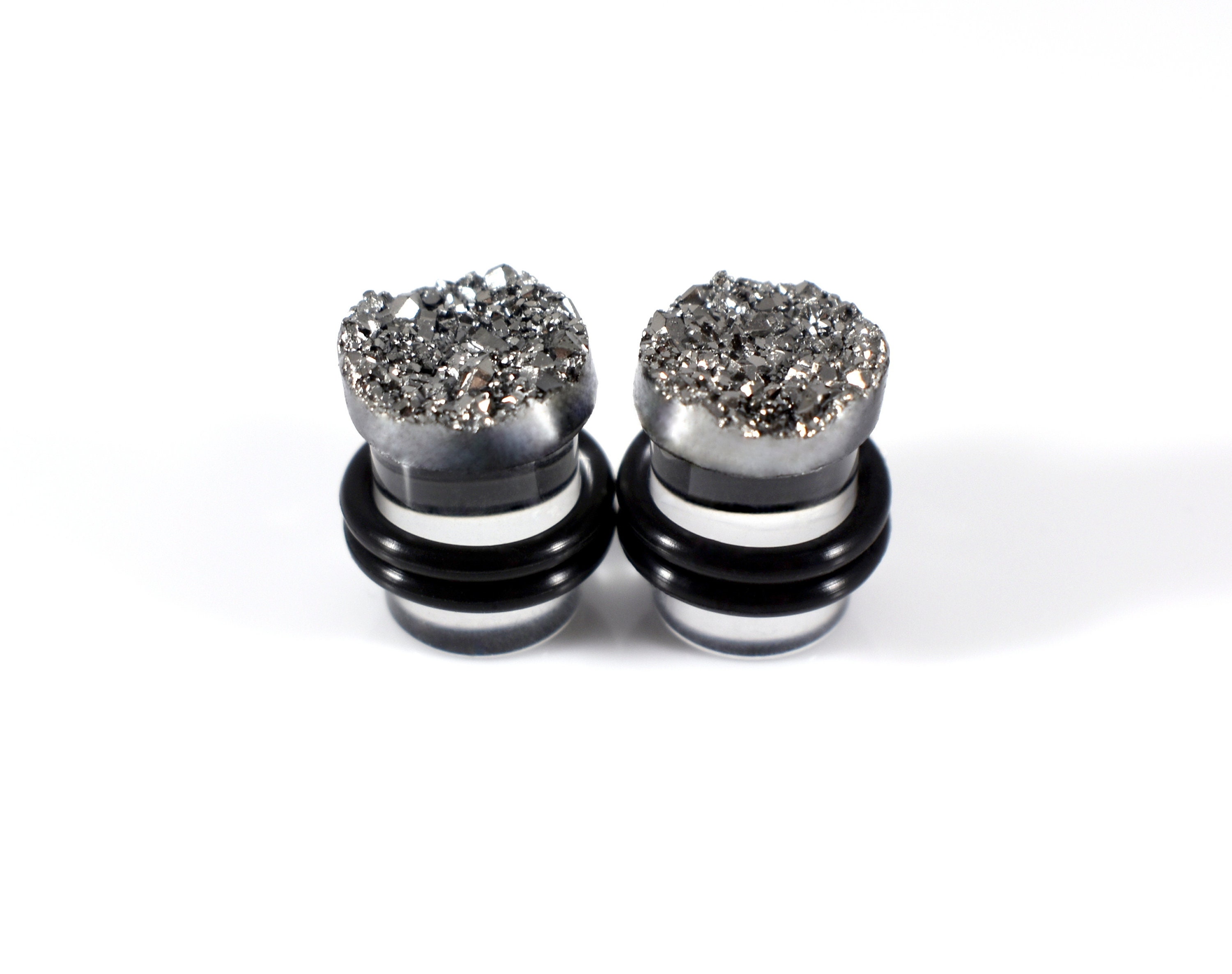 Plug Earrings - Dark Grey Silver Titanium Faux Druzy Sparkle 4g, 2g, 0g ...