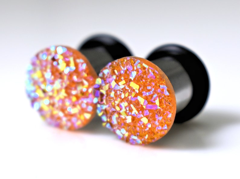 Plugs - Light Orange Sparkle Druzy Plugs - Available in 4g, 2g, 0g, and ...