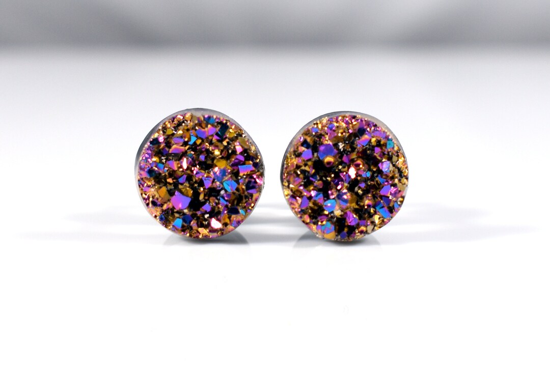 Plug Earrings - Metallic Gold Purple and Blue Sparkle Faux Druzy 4g, 2g ...