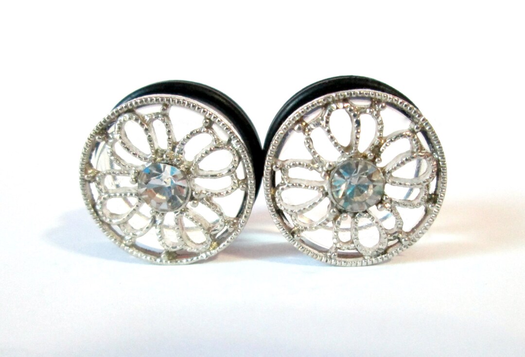 Silver Filigree Flower Plugs With Rhinestone: Gauges (9/16, 5/8 In) - Etsy