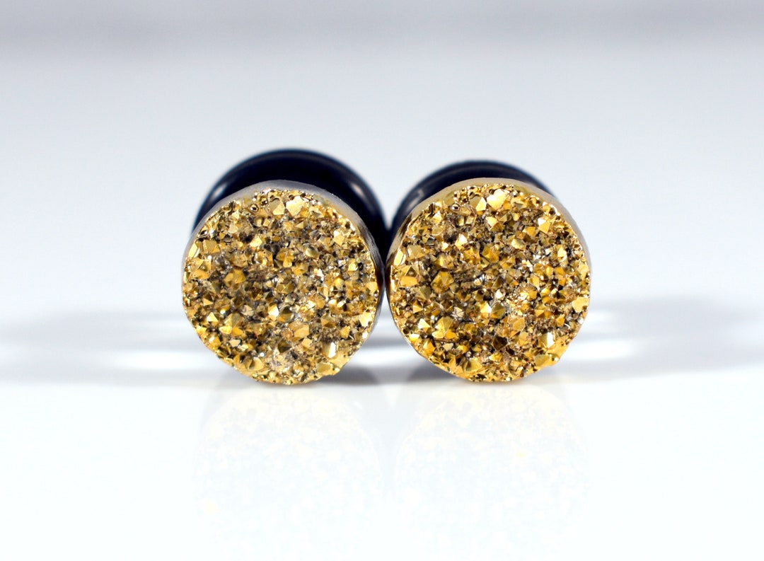 Plug Earrings - Gold Titanium Metallic Faux Druzy Sparkle 4g, 2g, 0g ...