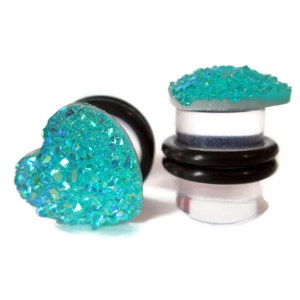 Clearance - Plugs - Sparkle Turquoise Druzy Heart 2g, 0g, 00g - Etsy