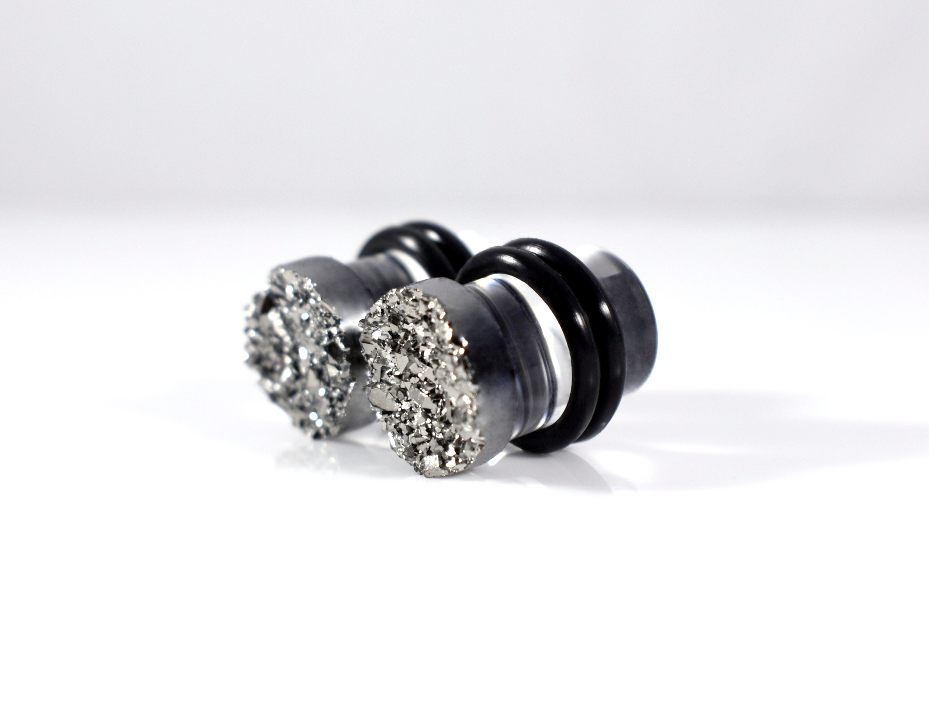 Plug Earrings - Dark Grey Silver Titanium Faux Druzy Sparkle 4g, 2g, 0g ...