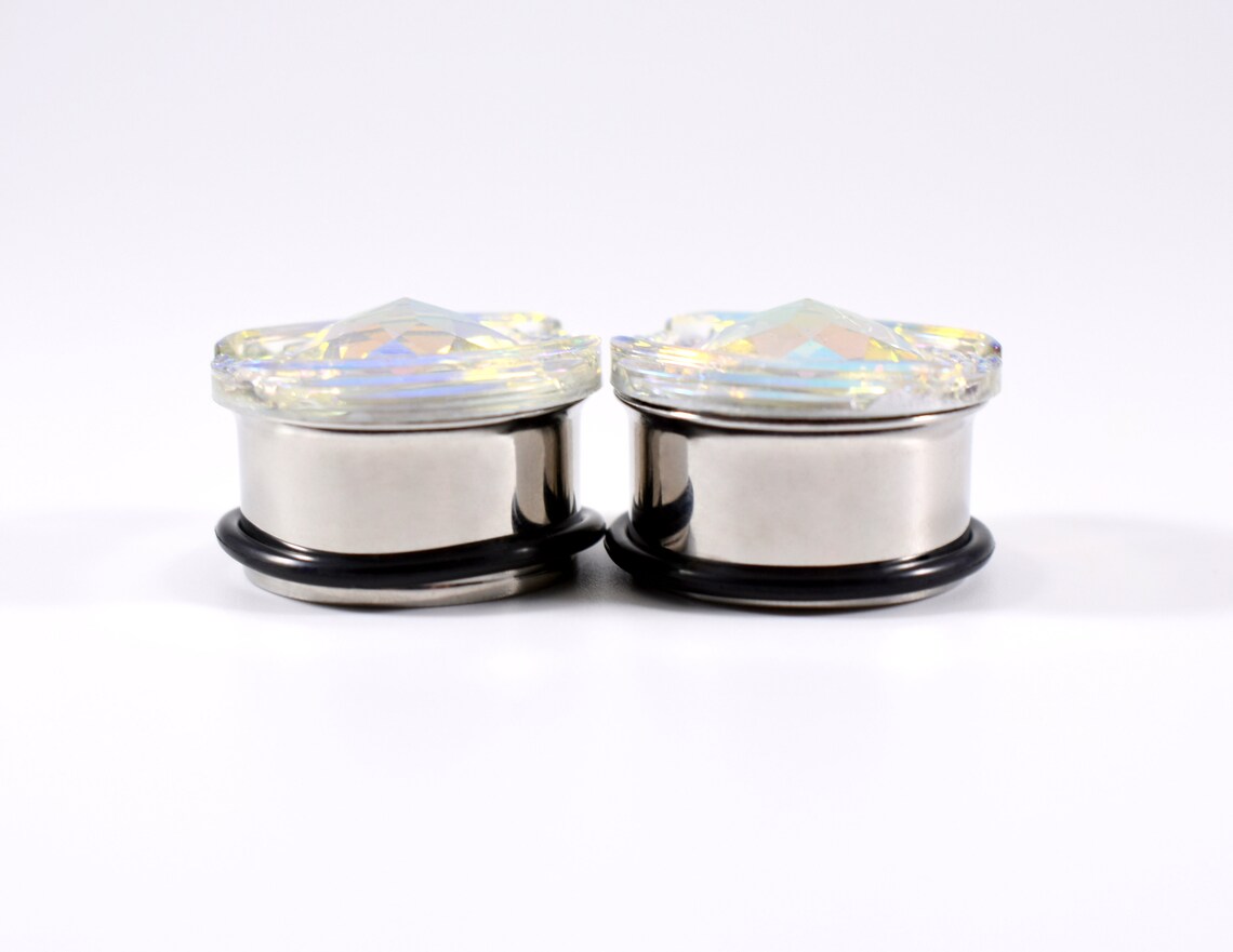 Gauges - Plug Earrings - Clear White AB Finish Eye 3/4 In, 7/8 In, 1 ...