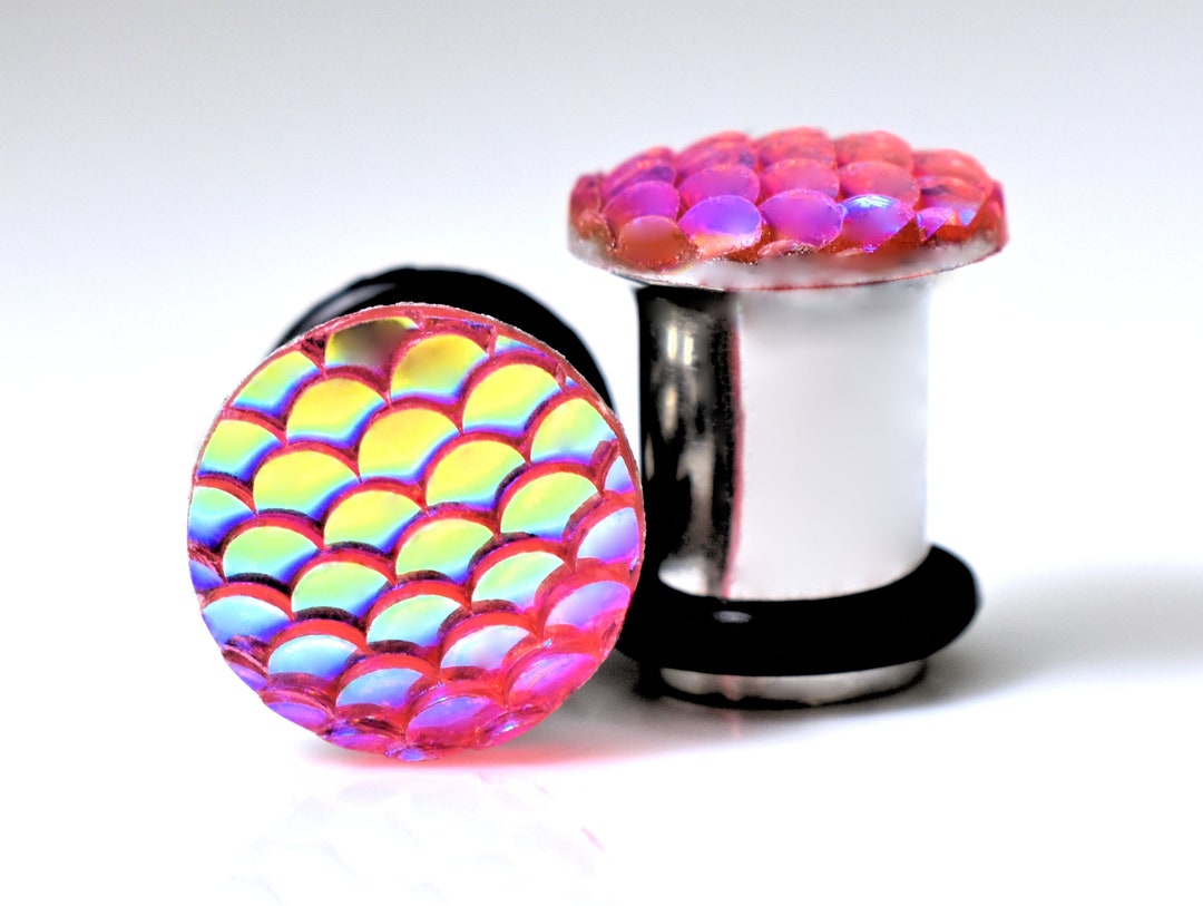 Plug Earrings - Bright Pink Mermaid Dragon Scale Plugs - 4g, 2g, 0g ...
