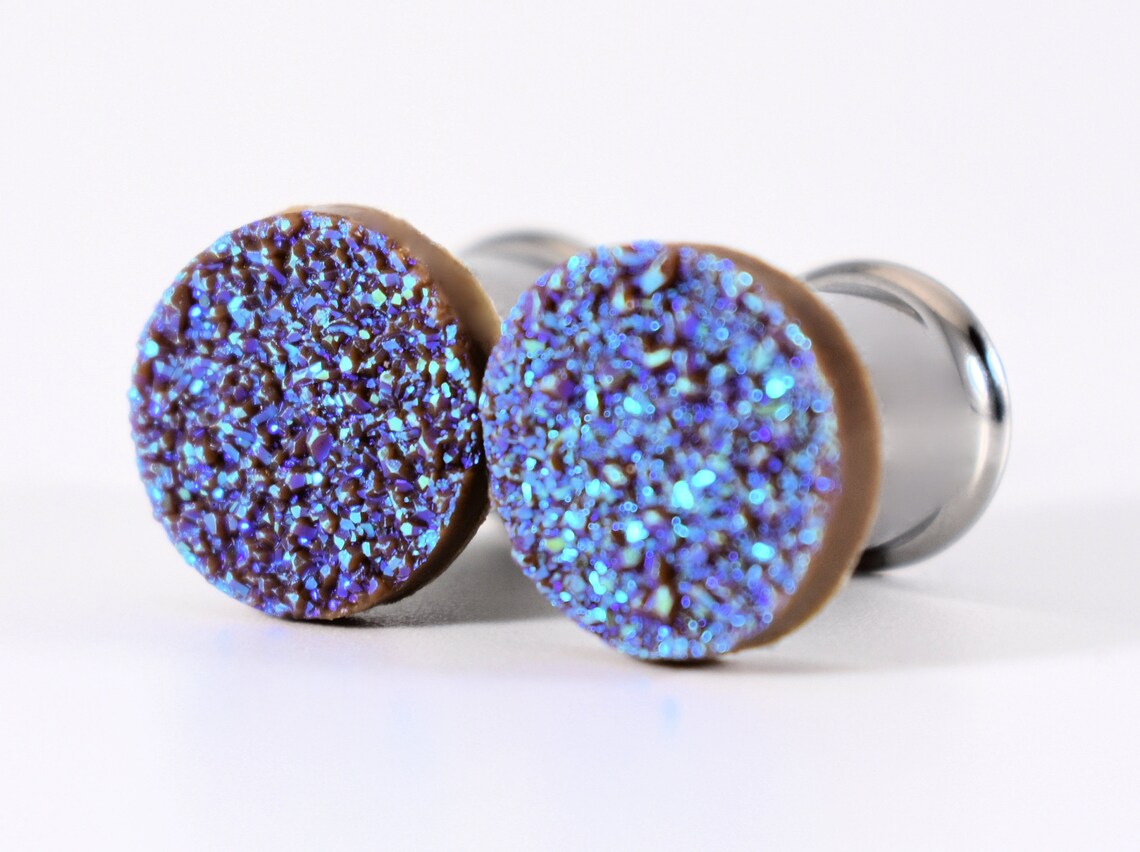 Plug Earrings Purple Brown Titanium Sparkle Faux Druzy Plugs | Etsy