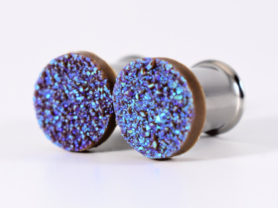 Plug Earrings - Purple Brown Titanium Sparkle Faux Druzy 4g, 2g, 0g ...