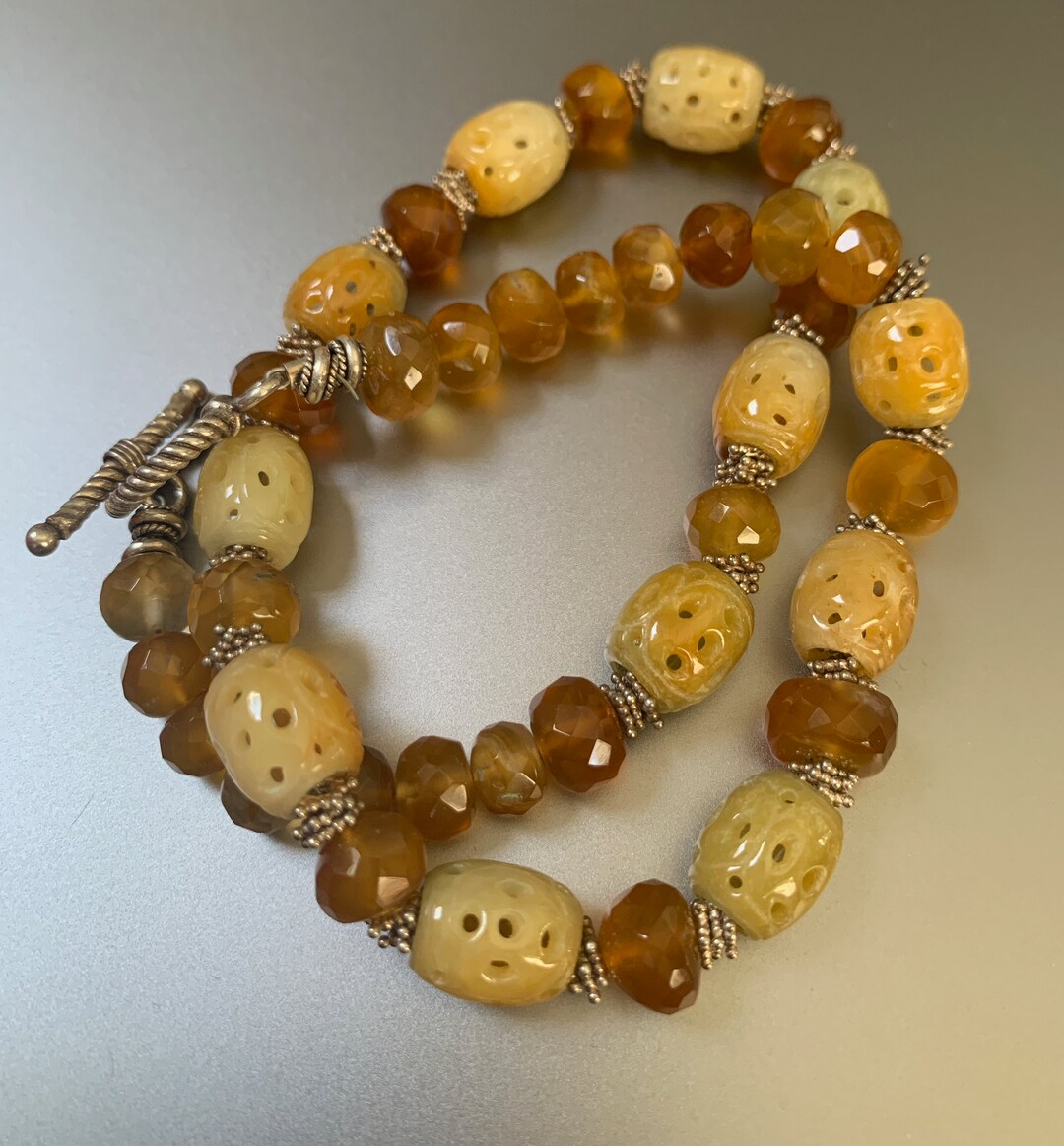 Yellow Jade Choker Carved Jade Barrels Honey Carnelian Sterling Silver ...